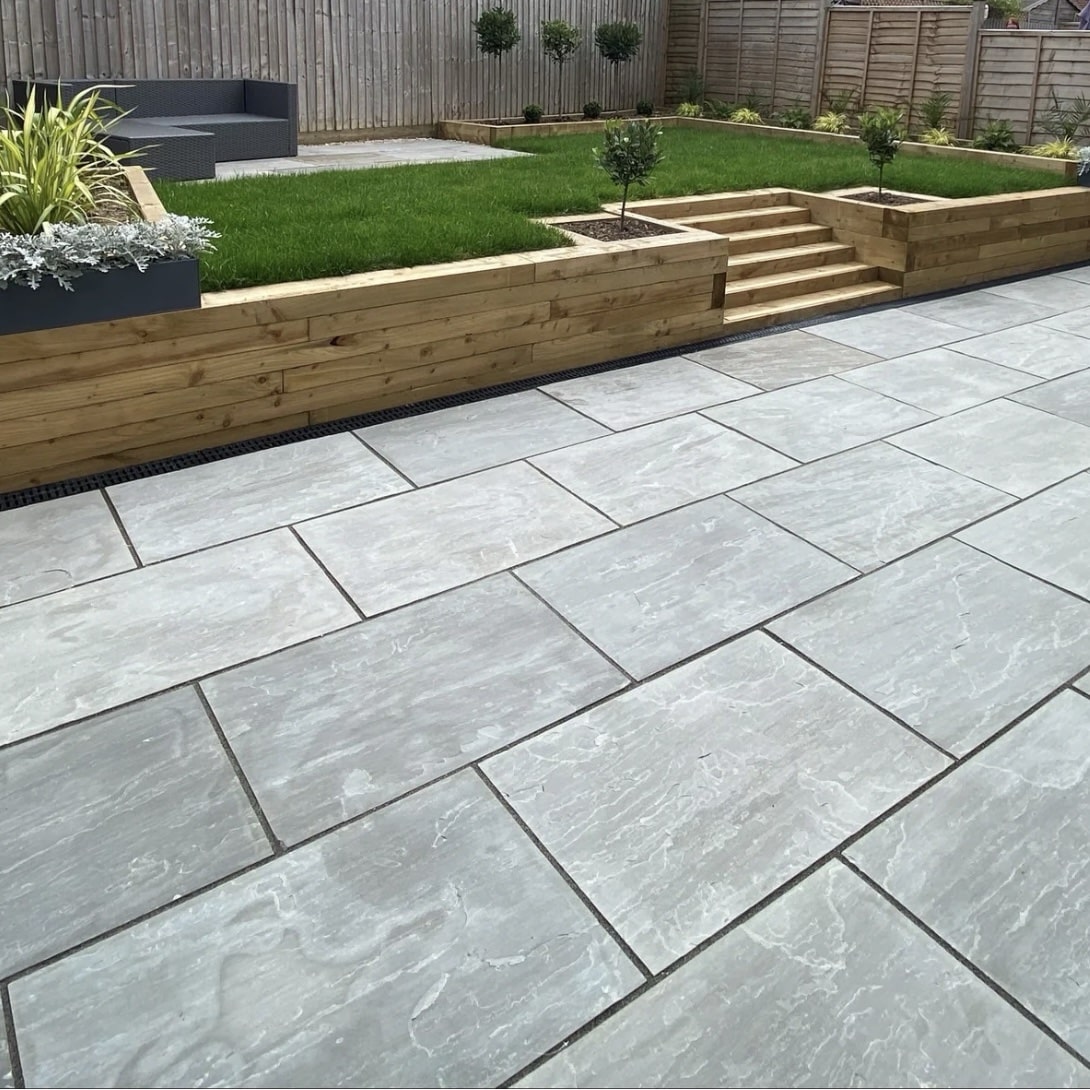 Raj Green Riven Indian Sandstone Paving Slabs - 22mm Thick - Port Stone